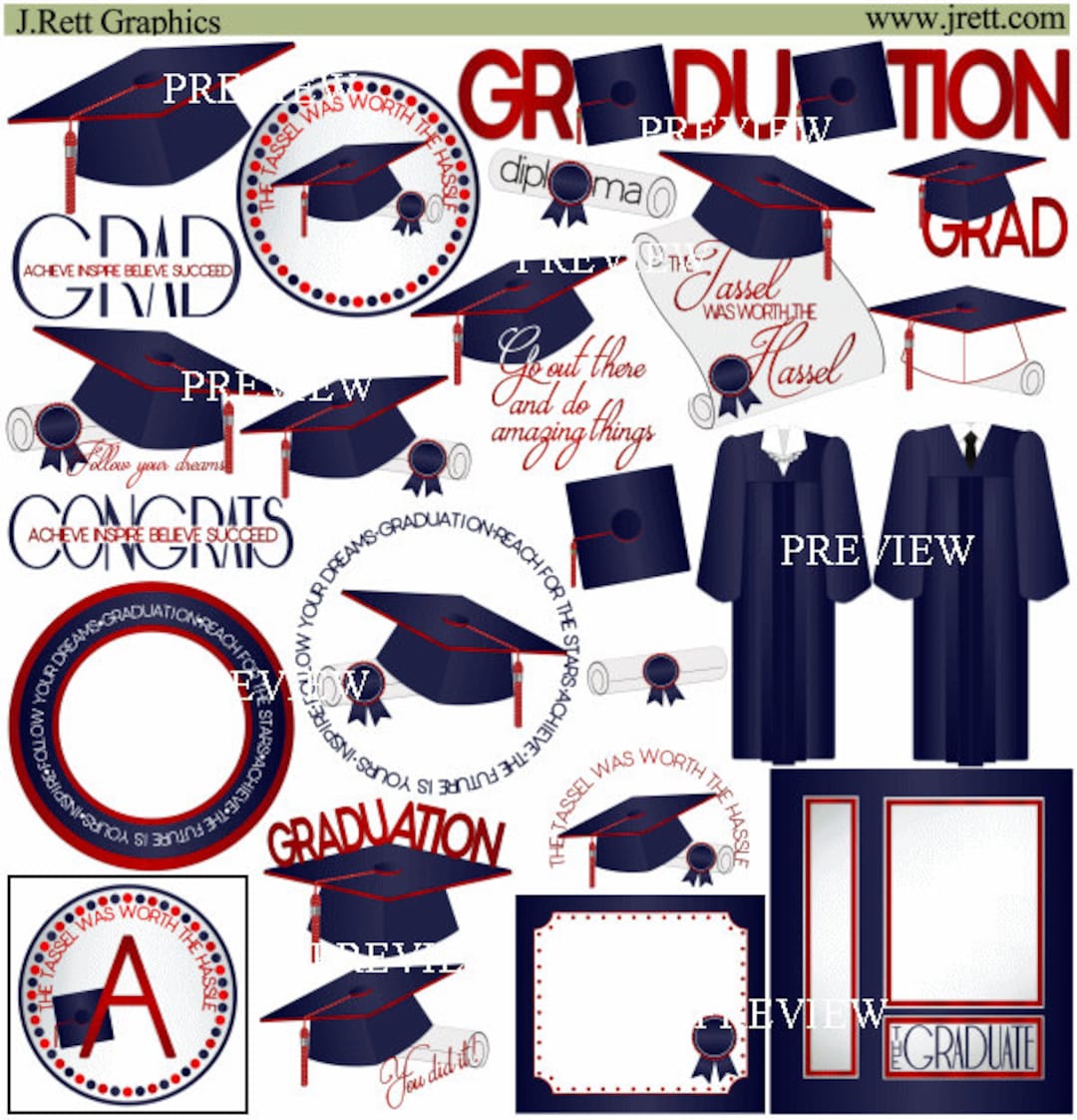 Navy Graduation Clipart, MORE COLORS, Blue Red Cap and Tassel Clip Art ...