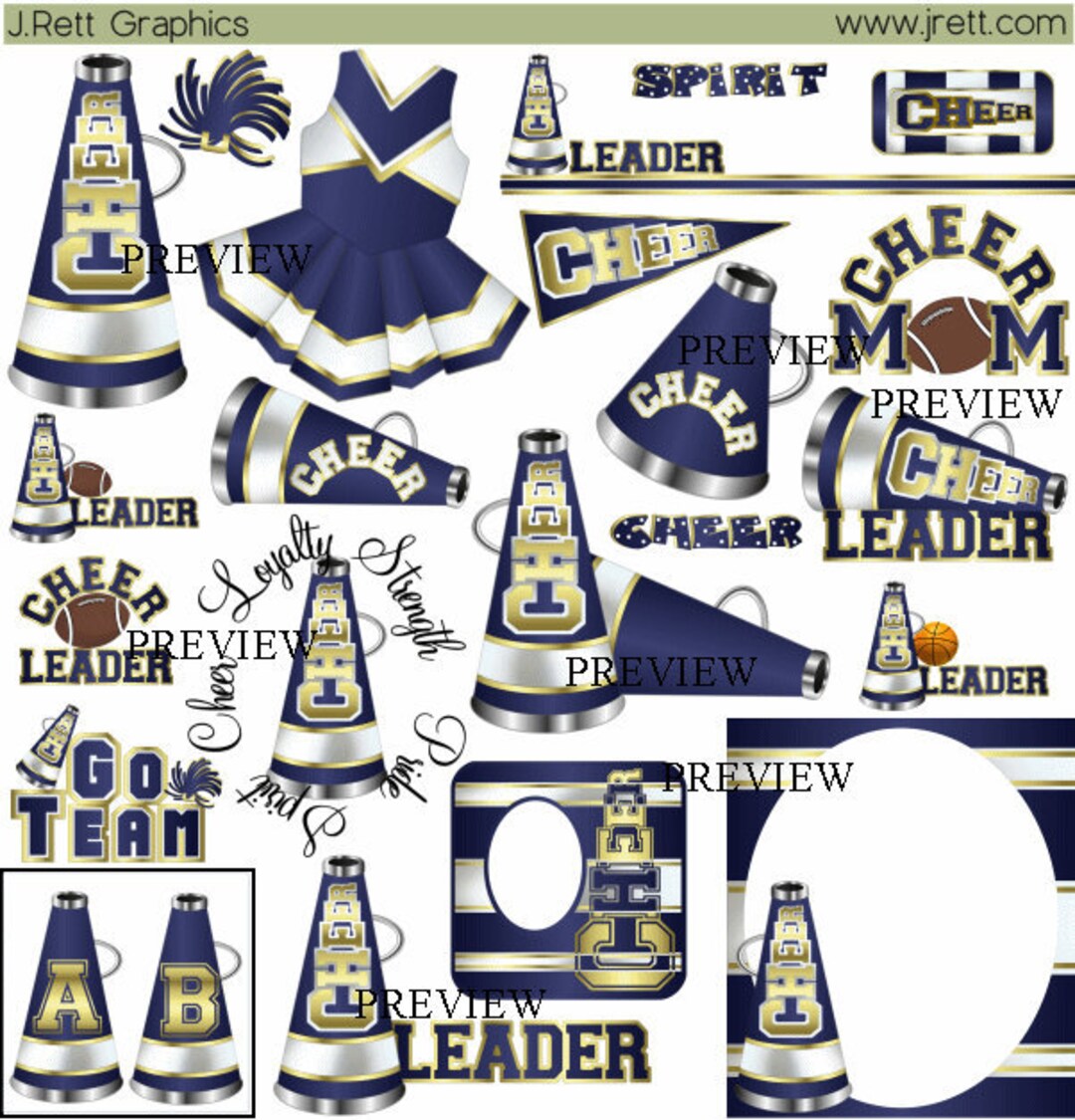 Cheer Clip Art, MORE COLORS, Navy Blue Gold Cheer Clipart, Cheerleading ...