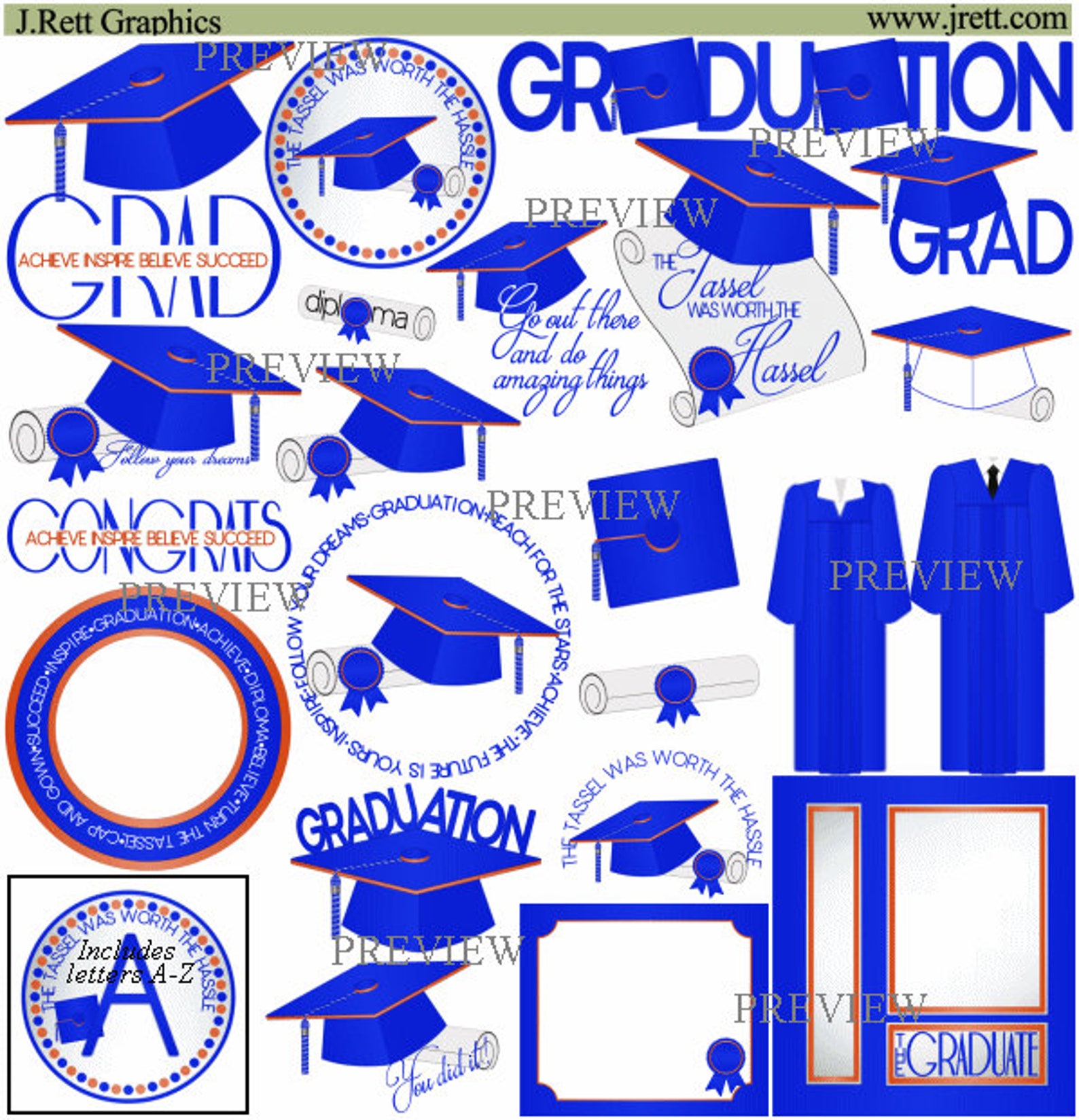 Royal Blue Graduation Clipart, MORE COLORS, Royal Blue Orange Graduate ...
