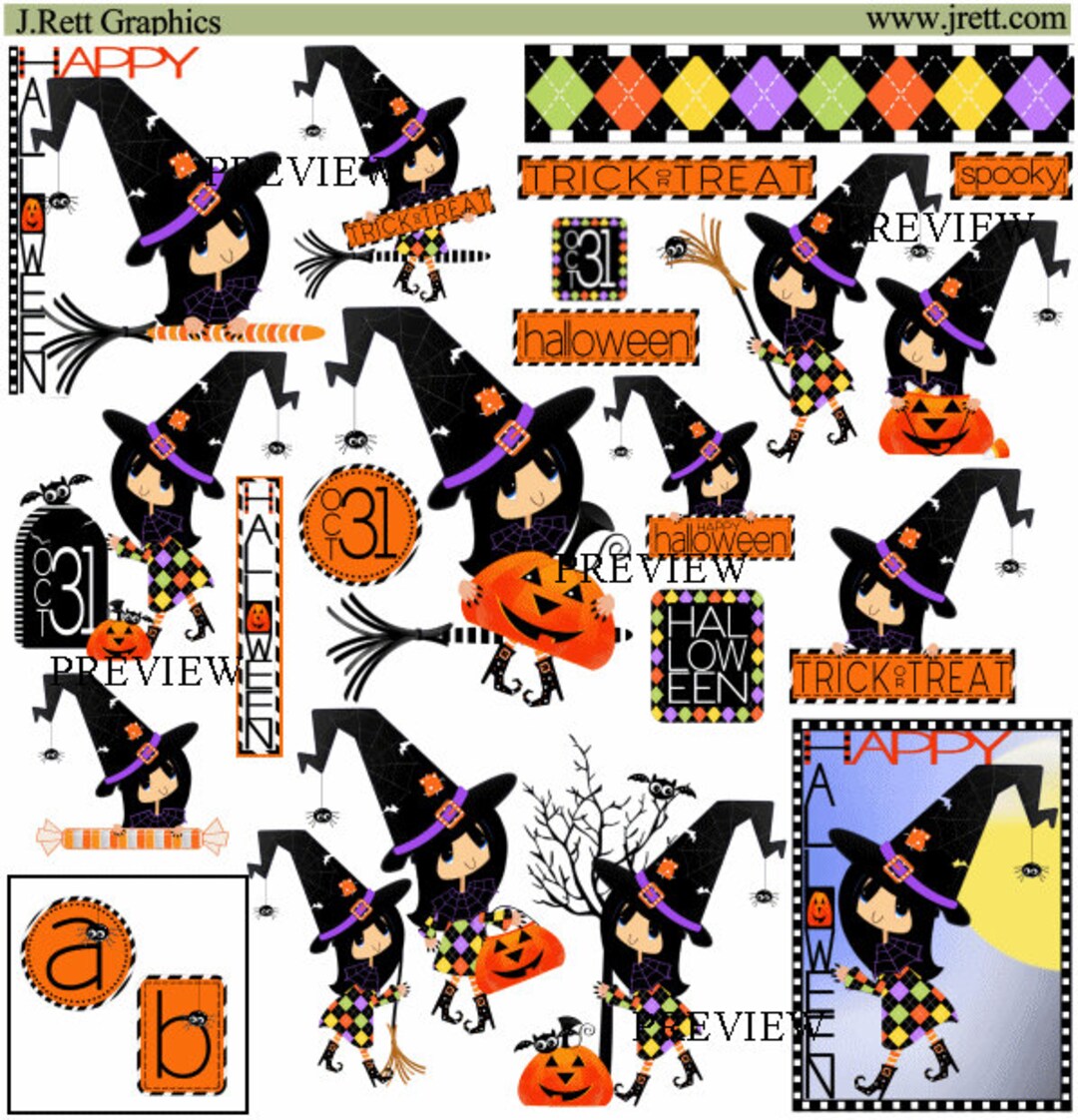 Witch Clipart, Cute Witch Clip Art, Witch on Broom, Halloween Witch ...