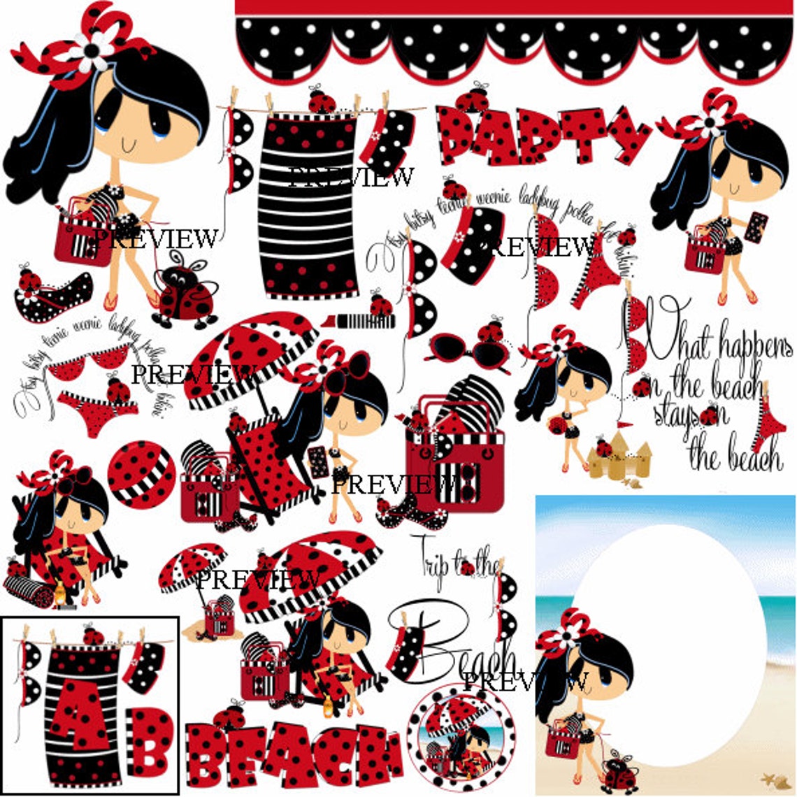 Ladybug Beach Bikini, Make Your Own Party Clipart, Birthday Card ...