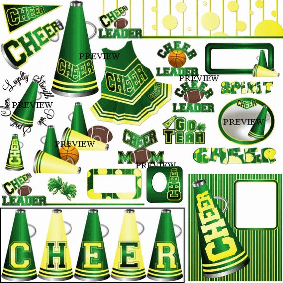 Cheerleader Green Yellow Clipart Party Favors Invites - Etsy