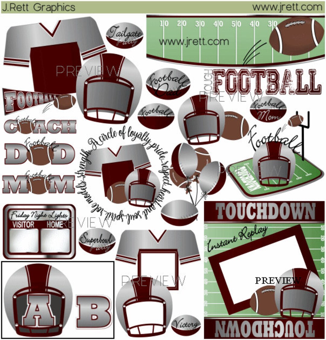 Football Clip Art, MORE COLORS, Maroon, Silver, Gray, Football Clipart ...