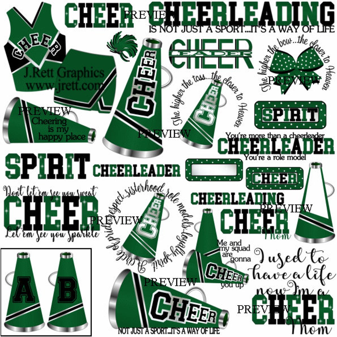 Cheer Clip Art, MORE COLORS, 50+ Graphics, Black Green Cheerleader ...