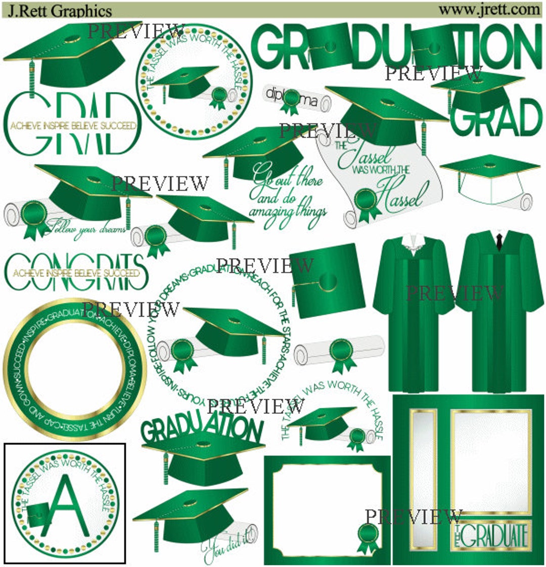 Green Gold Graduation Clipart, MORE COLORS, Tassel Clip Art, Cap Gown ...