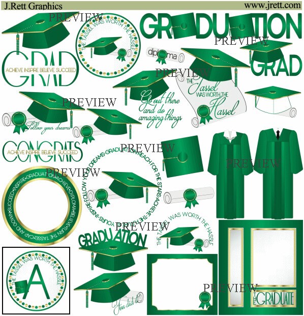Green Gold Graduation Clipart, MORE COLORS, Tassel Clip Art, Cap Gown ...