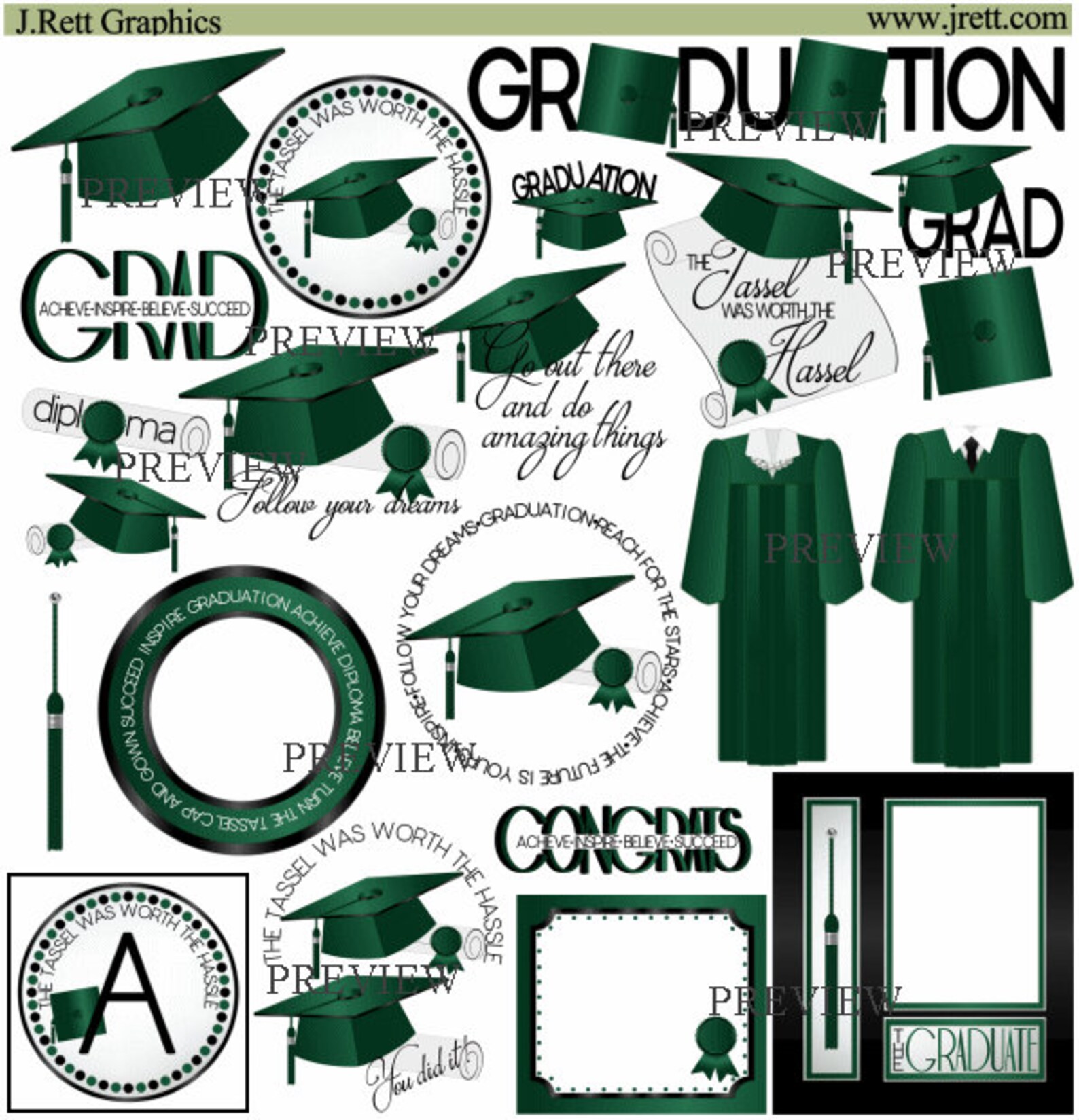 Green Graduation Clipart MORE COLORS Clip Art Green Black - Etsy Sweden