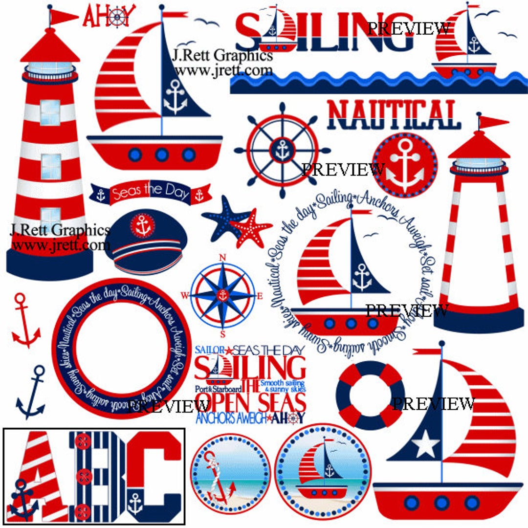 Sailboat Clip Art, Nautical Clipart, Sailing Graphics, Lighthouse Clip ...