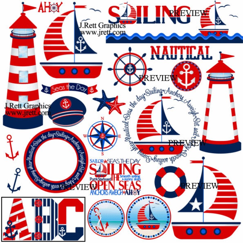 Sailboat Clip Art, Nautical Clipart, Sailing Graphics, Lighthouse Clip ...