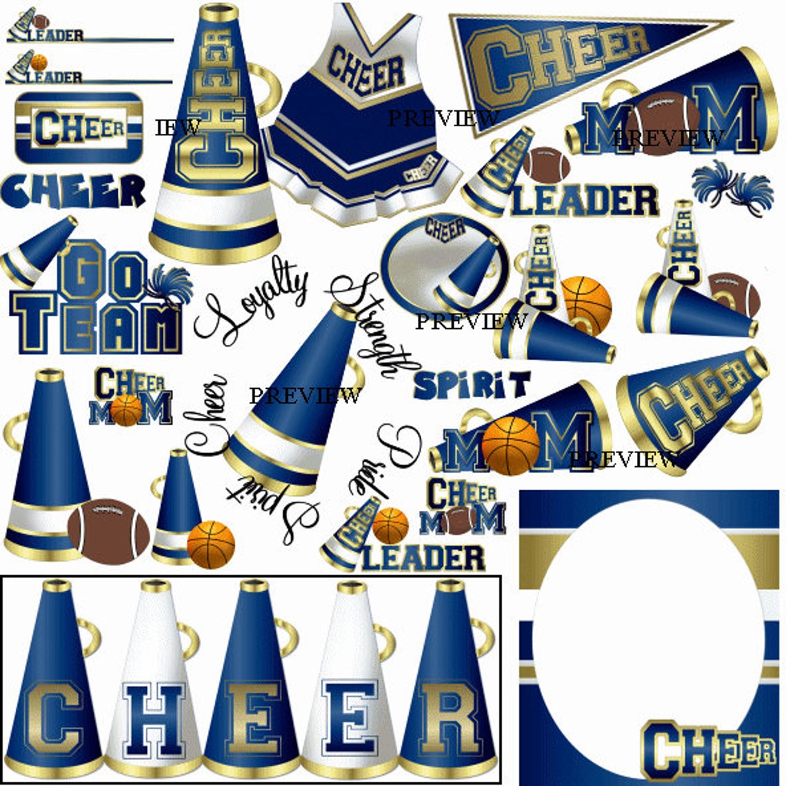 Cheerleading Blue Gold Clip Art Party Favors Invites, Invitations ...