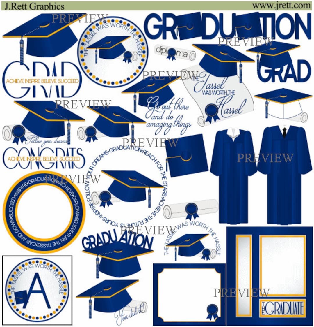 Blue Yellow Graduation Clipart, MORE COLORS, Tassel Clipart, Cap Gown ...