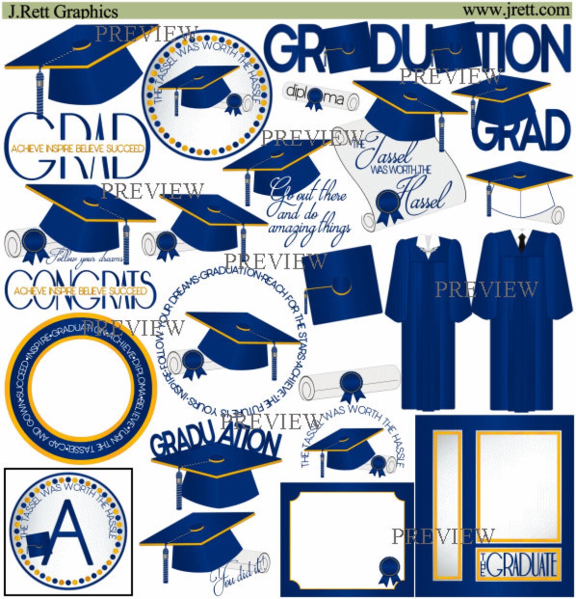Blue Yellow Graduation Clipart, MORE COLORS, Tassel Clipart, Cap Gown ...
