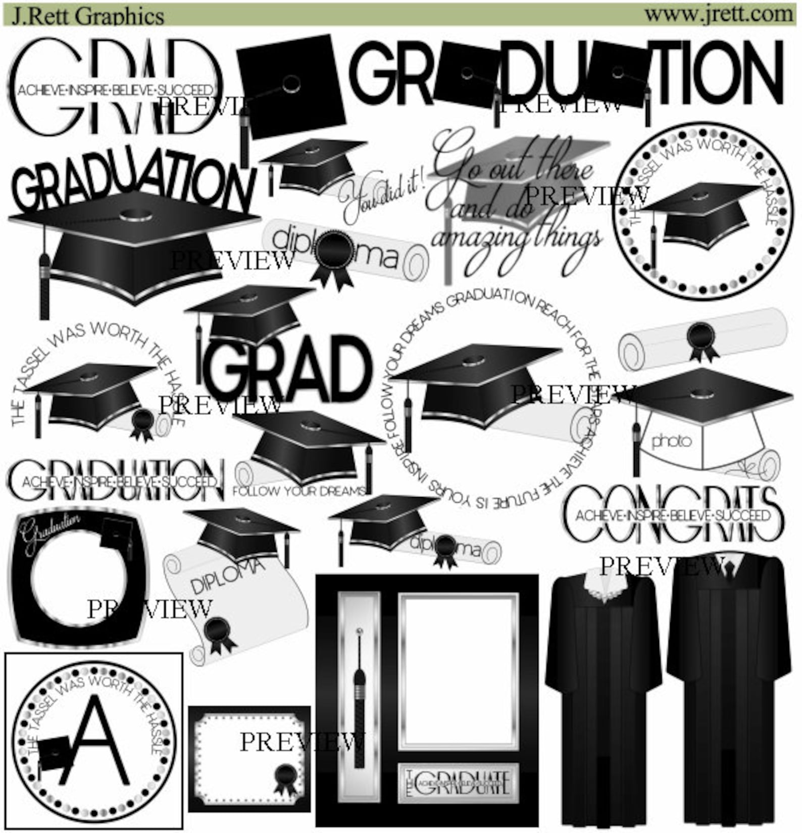 School Graduation Clipart, MORE COLORS, Black Silver Clip Art, Grad Cap ...