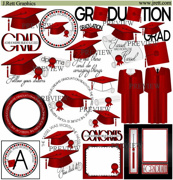 Graduation Clip Art, MORE COLORS, Red Black Clipart, Graduation Cap and ...