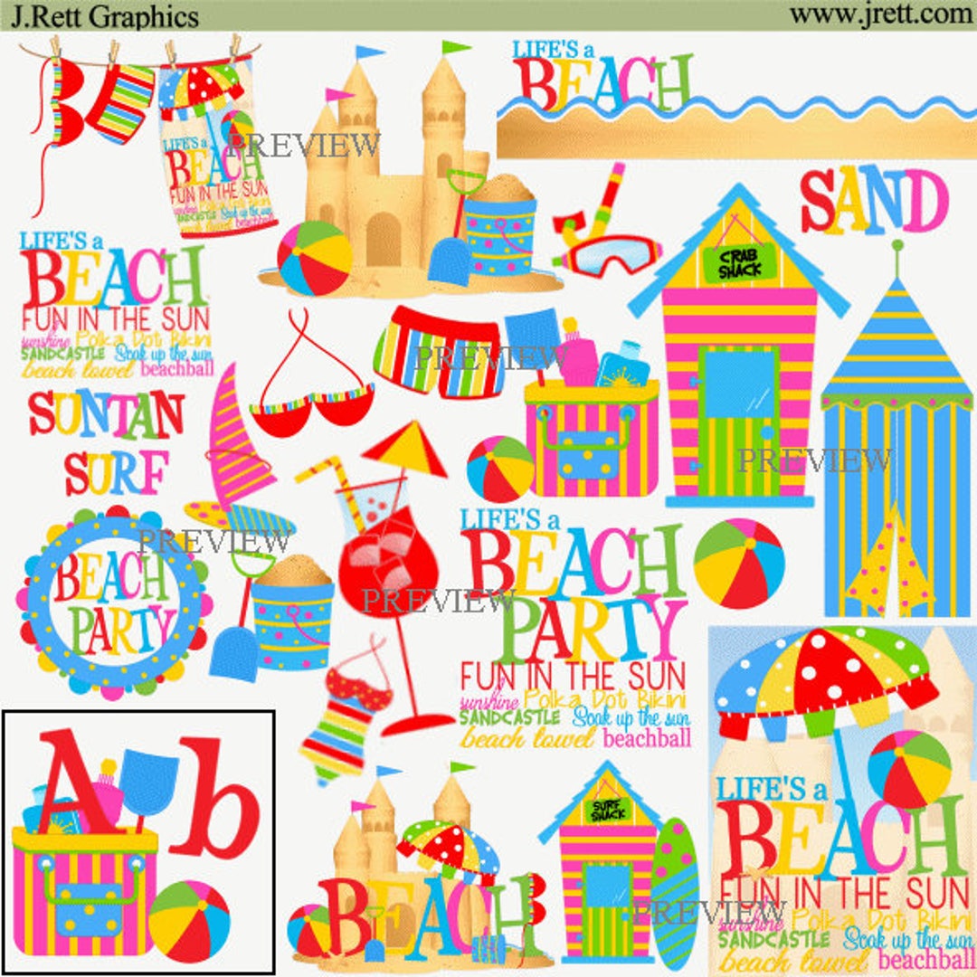 Cute Beach Clipart, Sandcastle Clip Art, Beach Umbrella Graphics, Beach ...