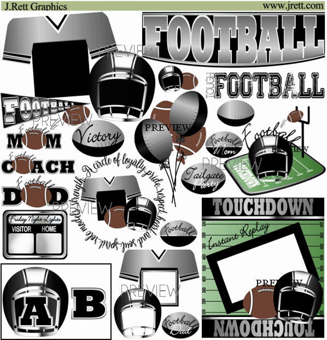 Football Clipart, MORE COLORS, Black Silver, Football Clip Art ...
