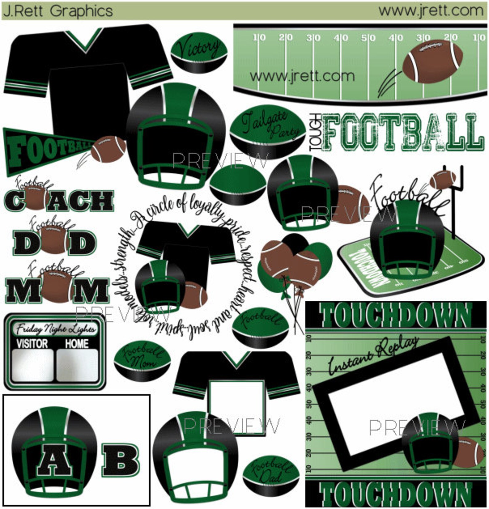 Football Clipart, MORE COLORS, Black Green, Football Clip Art, Football ...