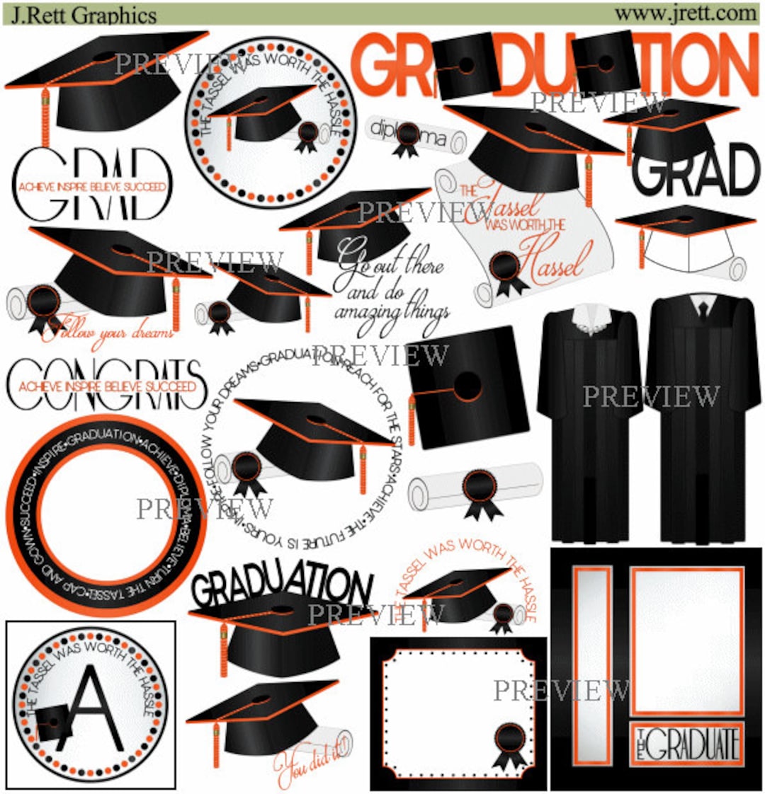 Black Orange Graduation Clipart, MORE COLORS, Cap Tassel Clip Art, Cap ...