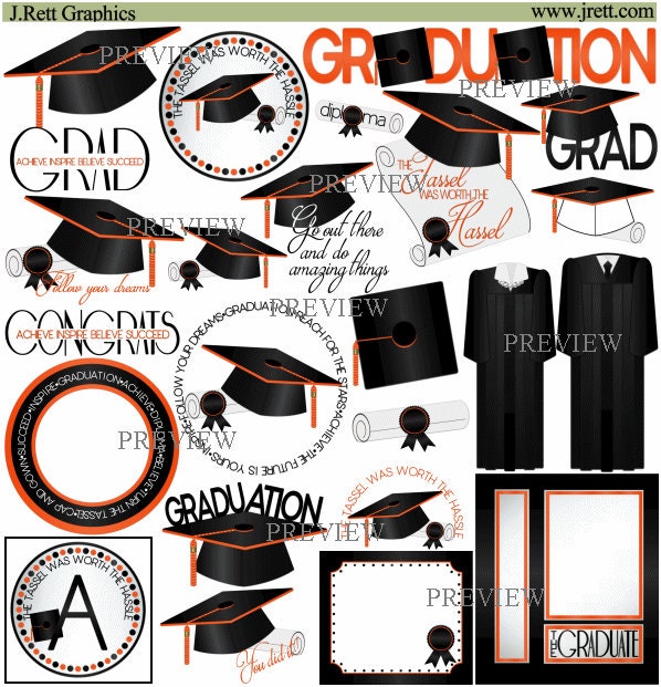 Black Orange Graduation clipart, MORE COLORS, cap tassel clip art, cap ...