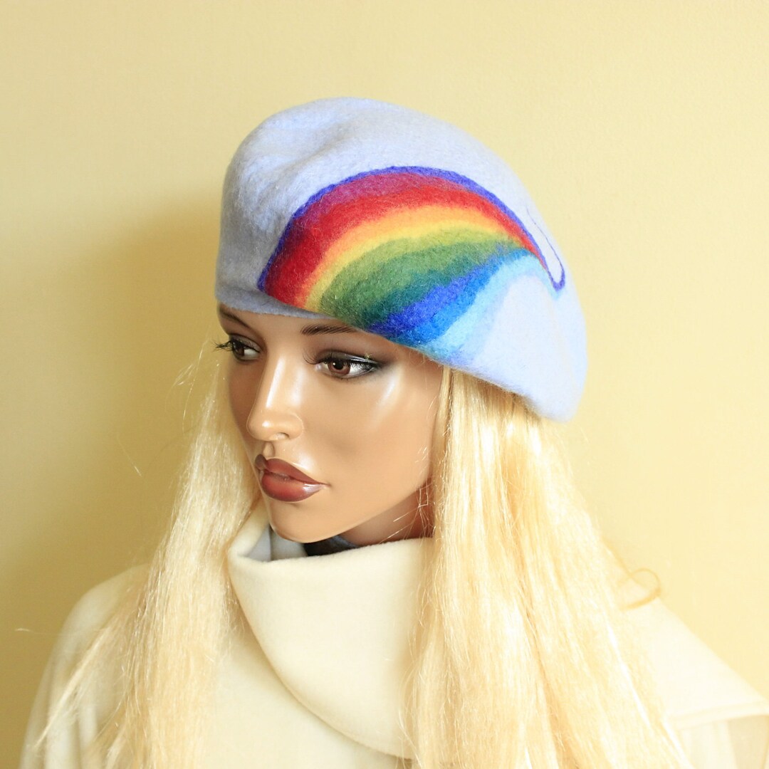 Blue Beret Felt. Beret With Rainbow Motif. French Beret. Silk Wool ...