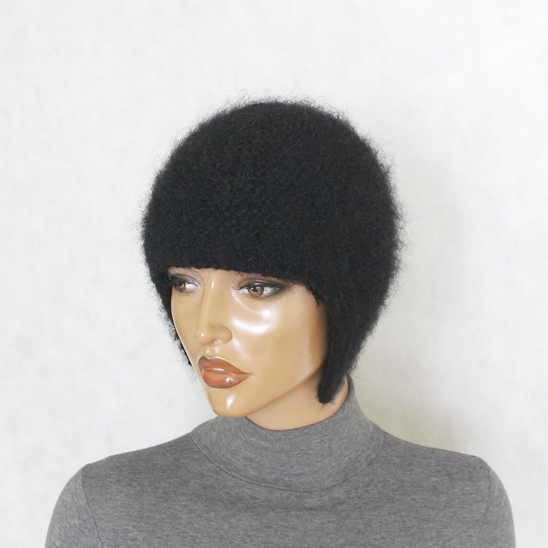 Black Knitted Cap. Mohair Wool Acrylic Cap. Black Knit Hat. Black ...