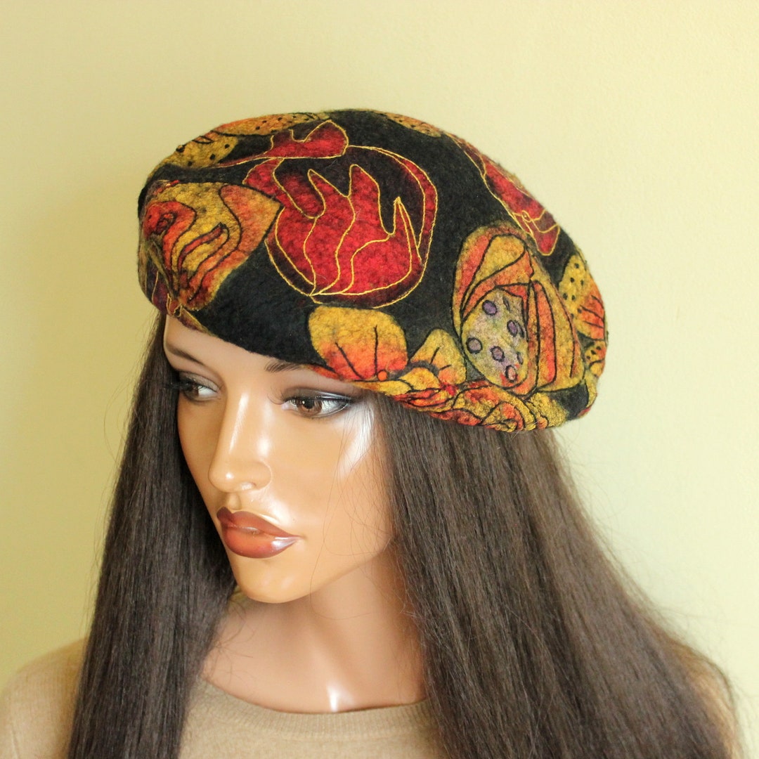 Black Red Yellow Beret Colorful Beret Floral Beret Flowers Beret Wool ...