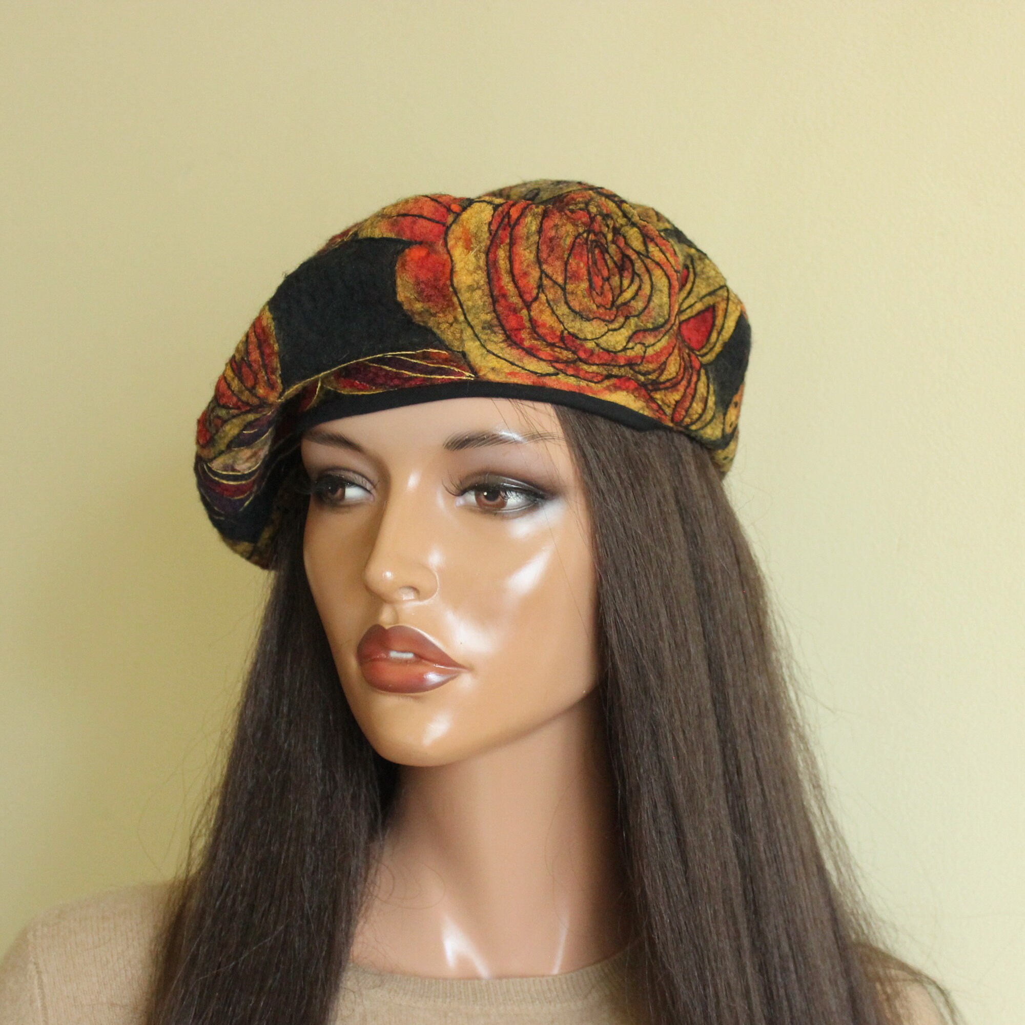 Black Red Yellow Beret Colorful Beret Floral Beret Flowers Beret Wool ...