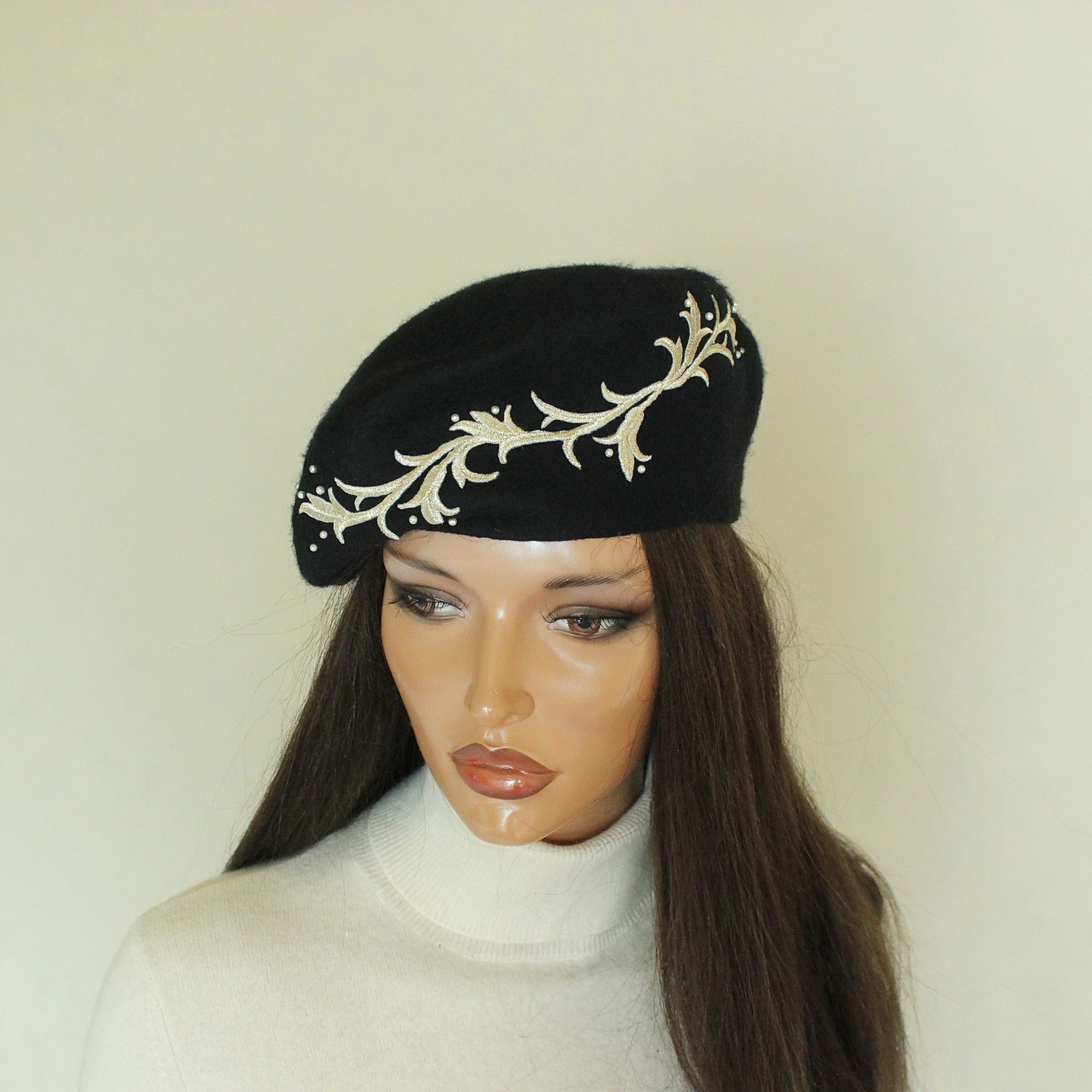 Black Beret Felted // Beret With Embroidery Gold Appliqué / Embellish ...