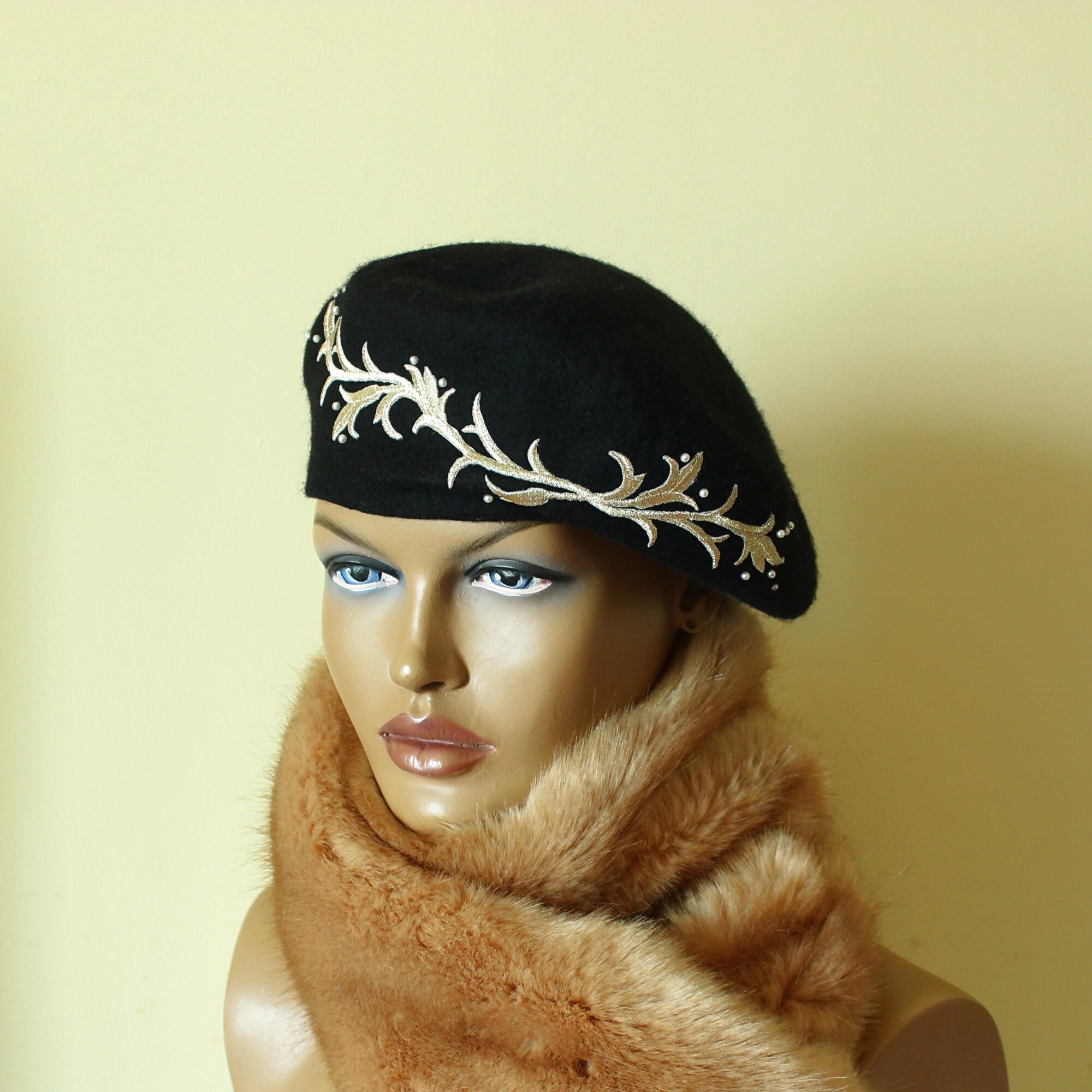 Black Beret Felted // Beret With Embroidery Gold Appliqué / Embellish ...