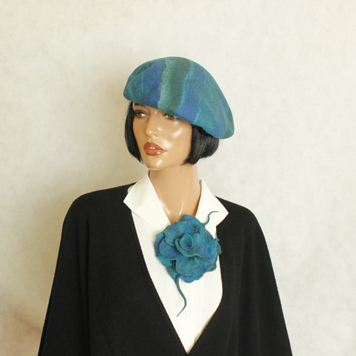 Beret Blue Green , Beret Felted / French Beret / Silk Wool Beret ...