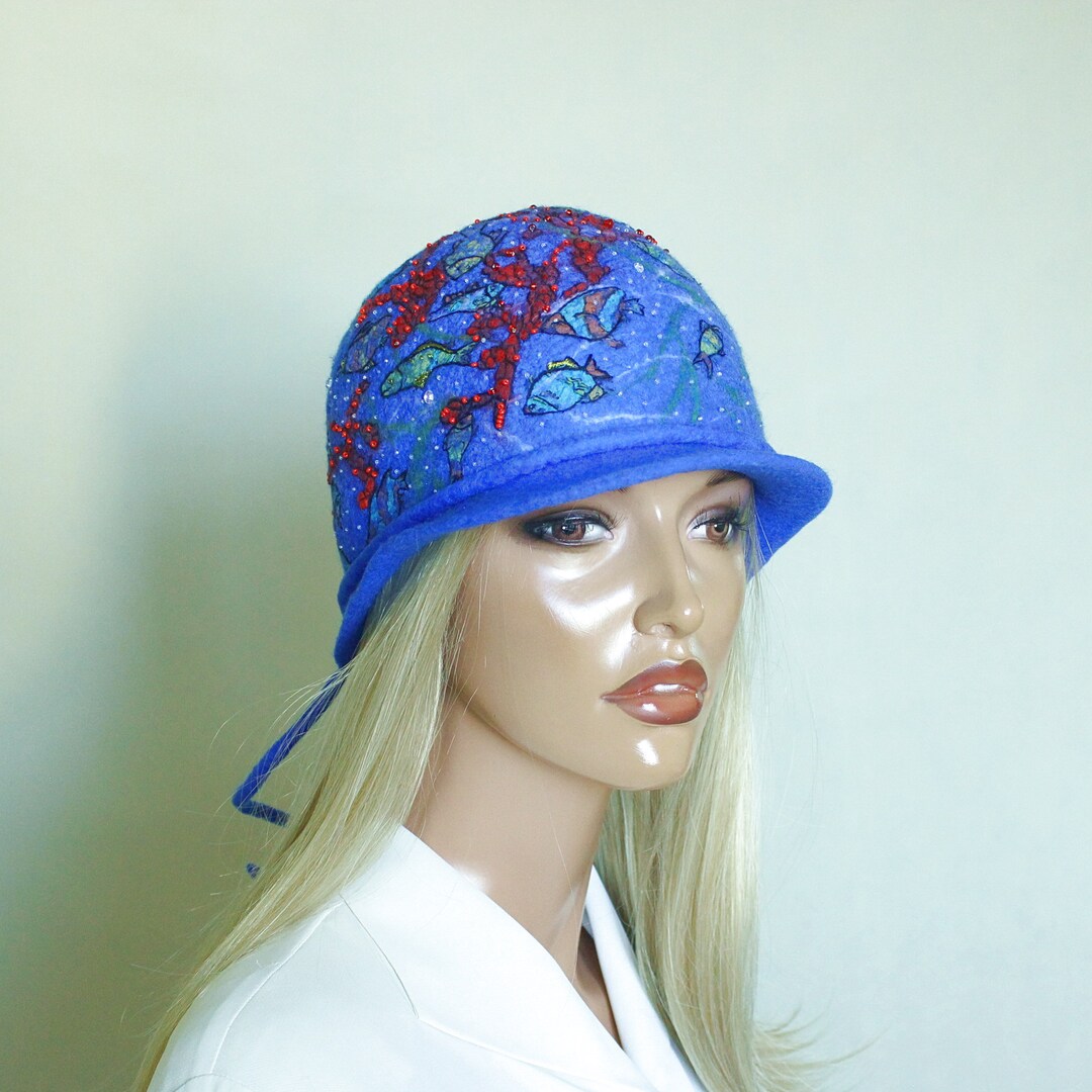 Blue Felted Hat Azure Blue Hat Blue Red Hat Hat With Nautical Motifs ...