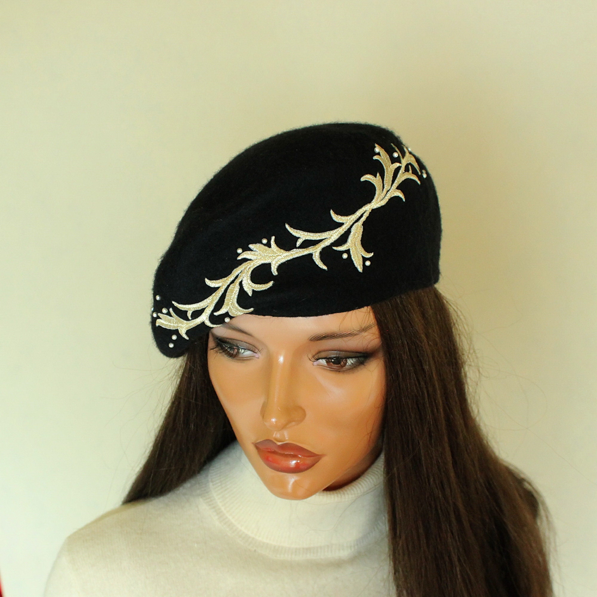 Black Beret Felted // Beret With Embroidery Gold Appliqué / Embellish ...