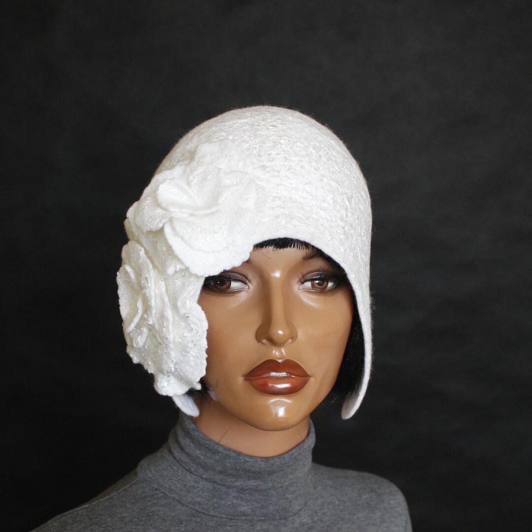 White Felted Hat. Shiny Cap. Snow White Hat. Hat Style 1920s. White ...