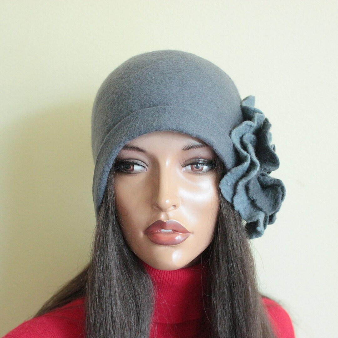 Dark Grey Hat. Felted Cap. Headdress Decorated With Flowers. Retro ...