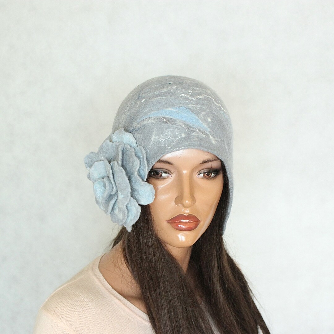 Grey Hat. Felted Cap With Flower. Wool Felted. Gray Blue Winter ...