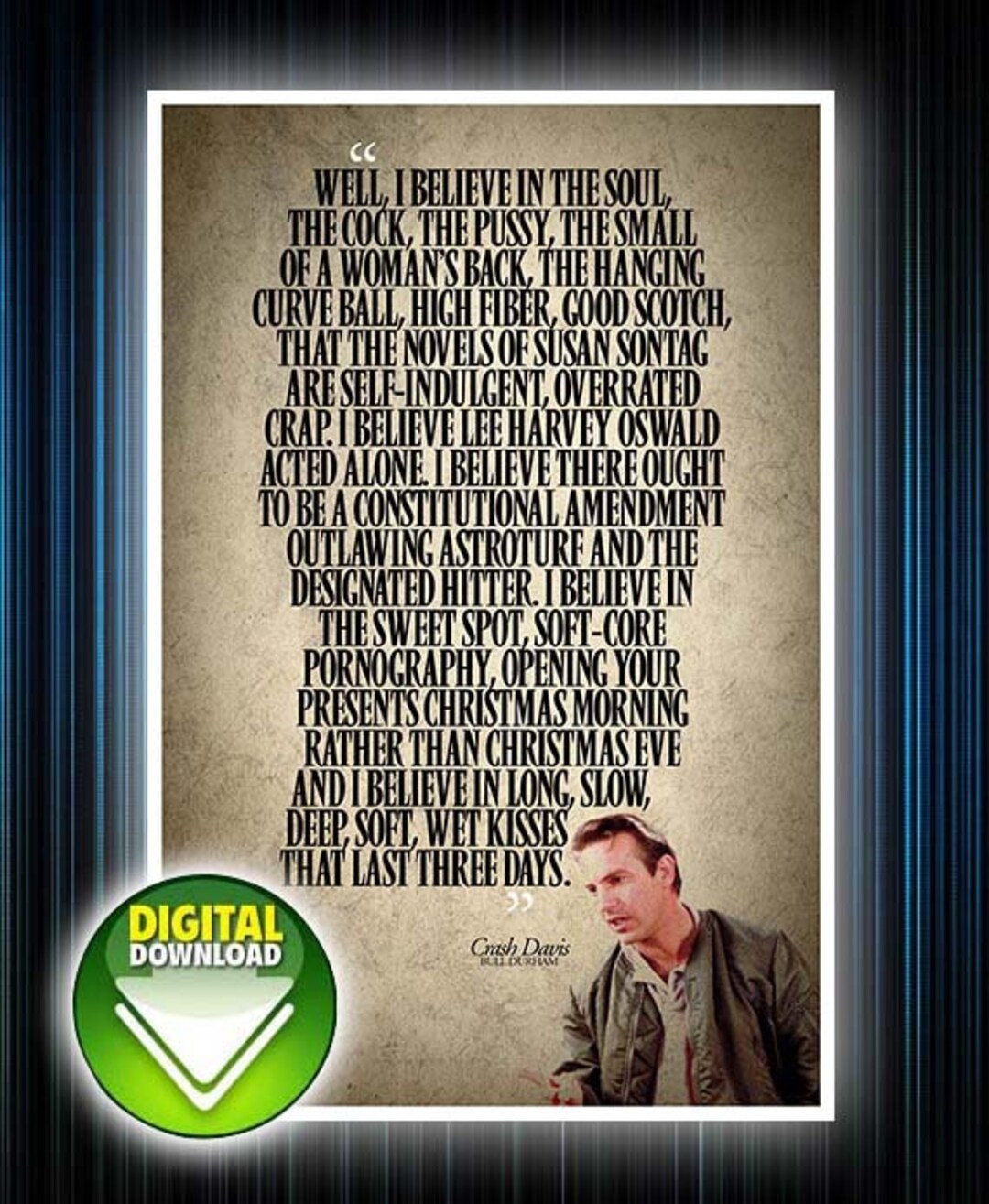 DIGITAL DOWNLOAD: 24"x36" Bull Durham Crash Davis Quote Poster - Etsy