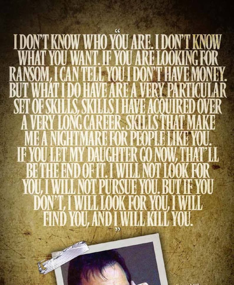 TAKEN i Will Kill You Quote Poster - Etsy