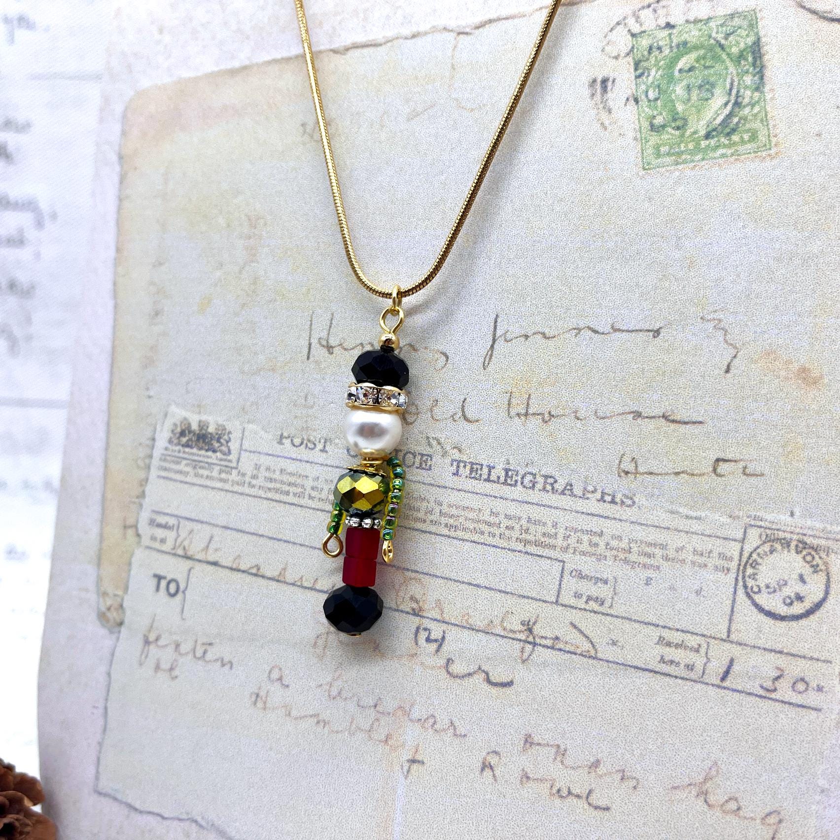 Nutcracker Crystal Diamante and Glass Pearl Pendant Gold Plated Chain ...