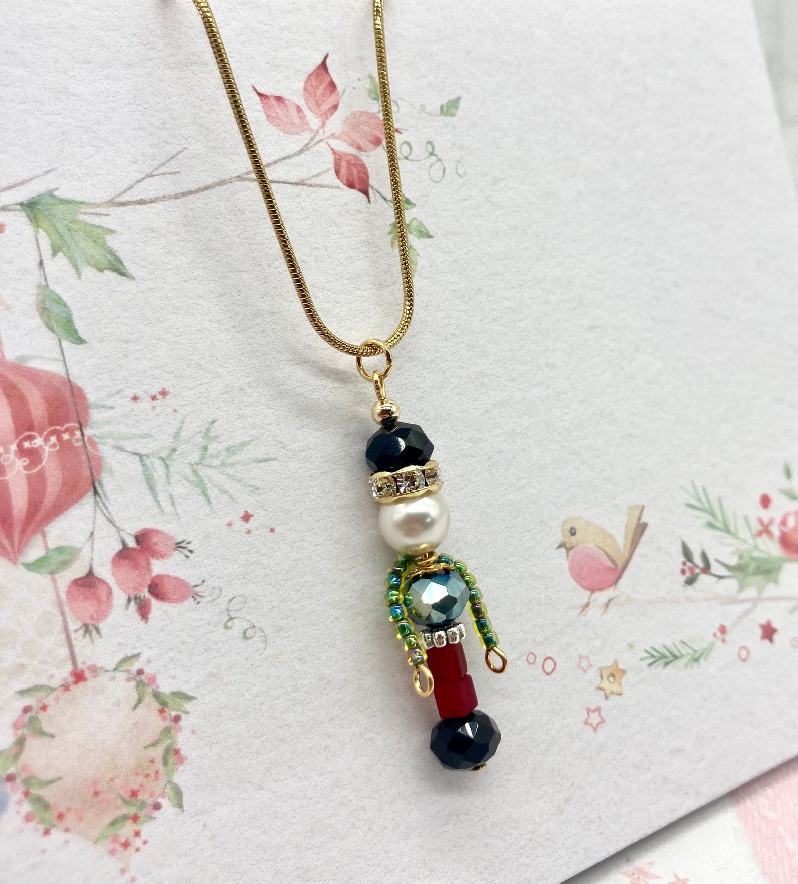 Nutcracker Crystal Diamante and Glass Pearl Pendant Gold Plated Chain ...