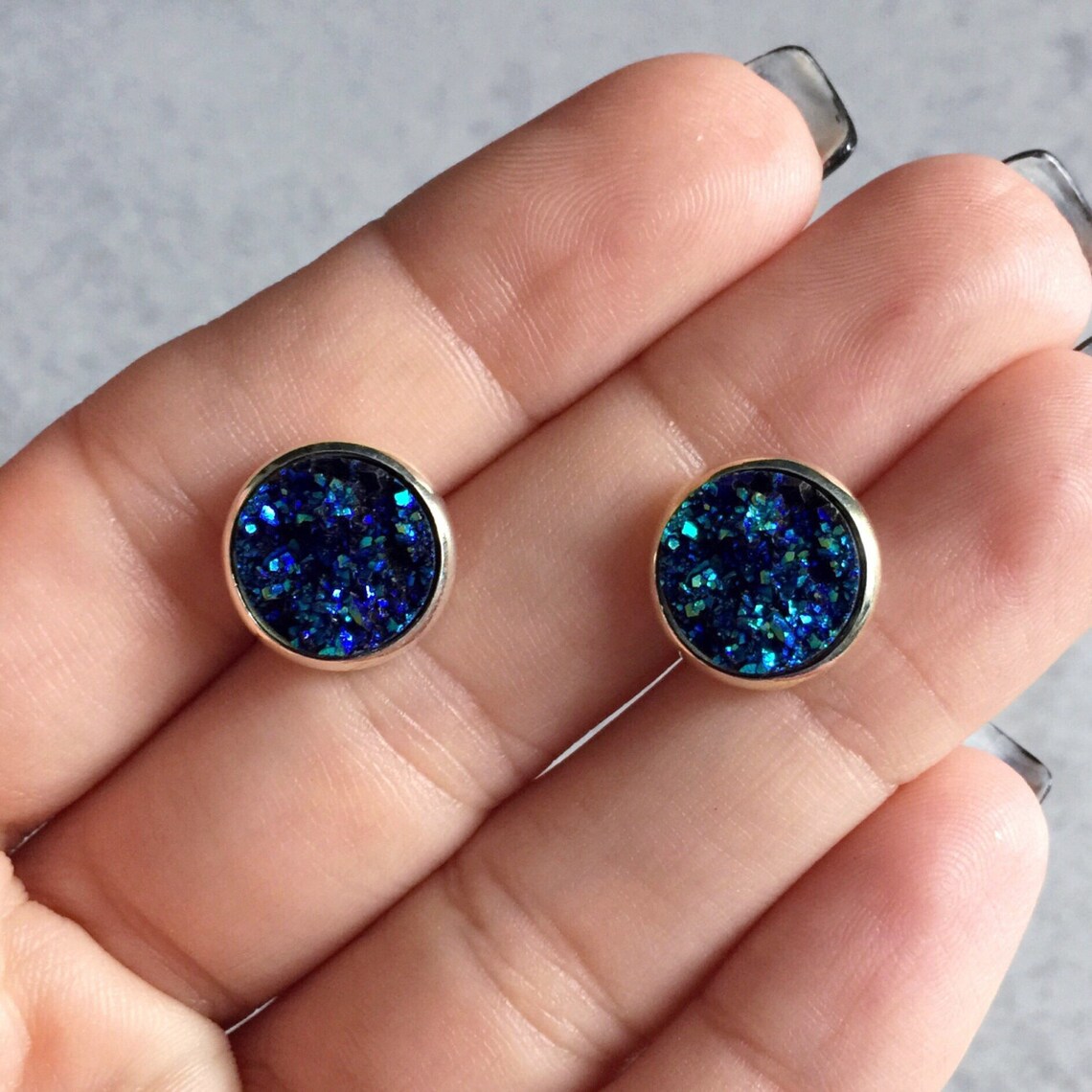 Blue Druzy Earrings Faux Quartz Geodes Silver Bezel Studs - Etsy