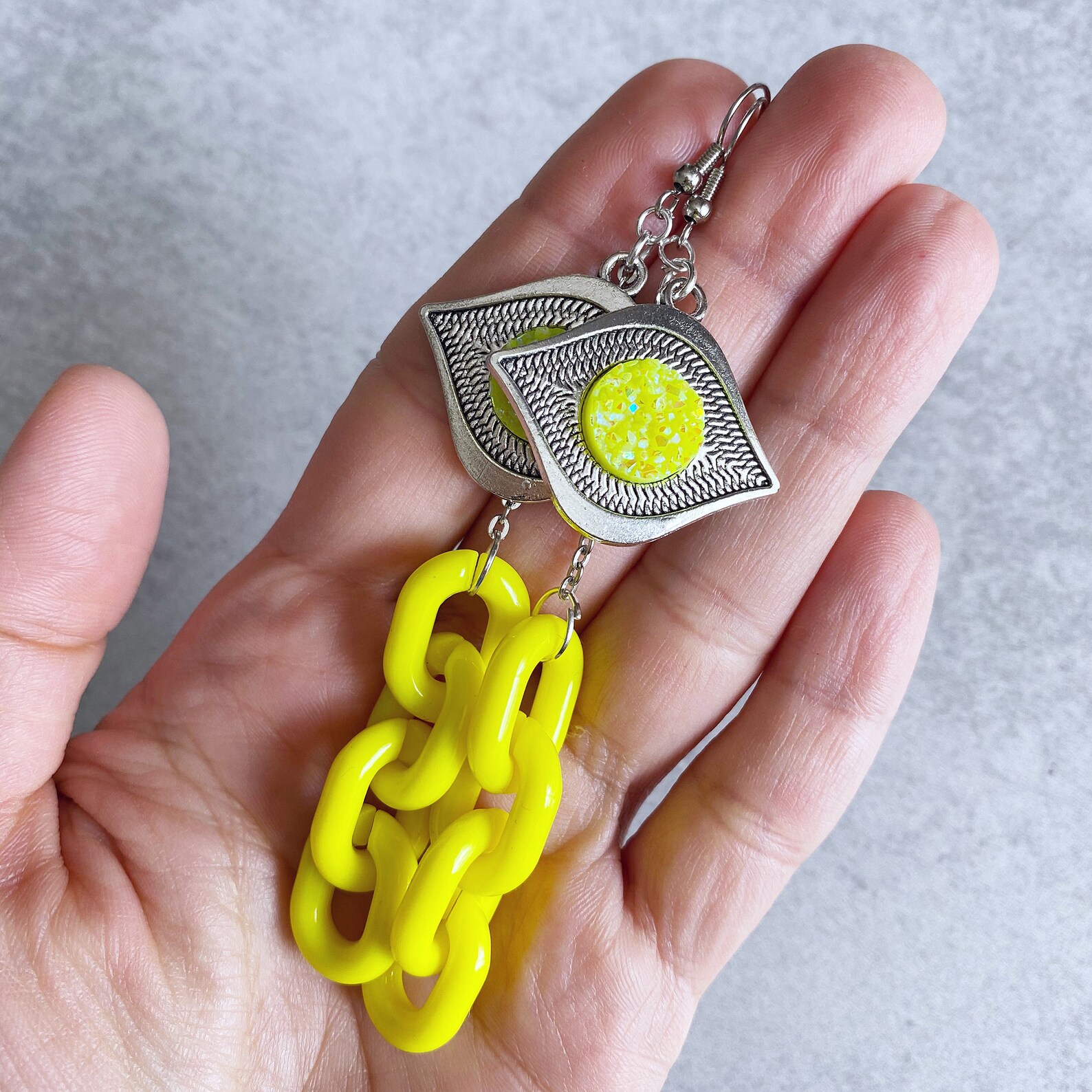 Neon Yellow Chain Link Statement Earrings Iridescent Glitter | Etsy