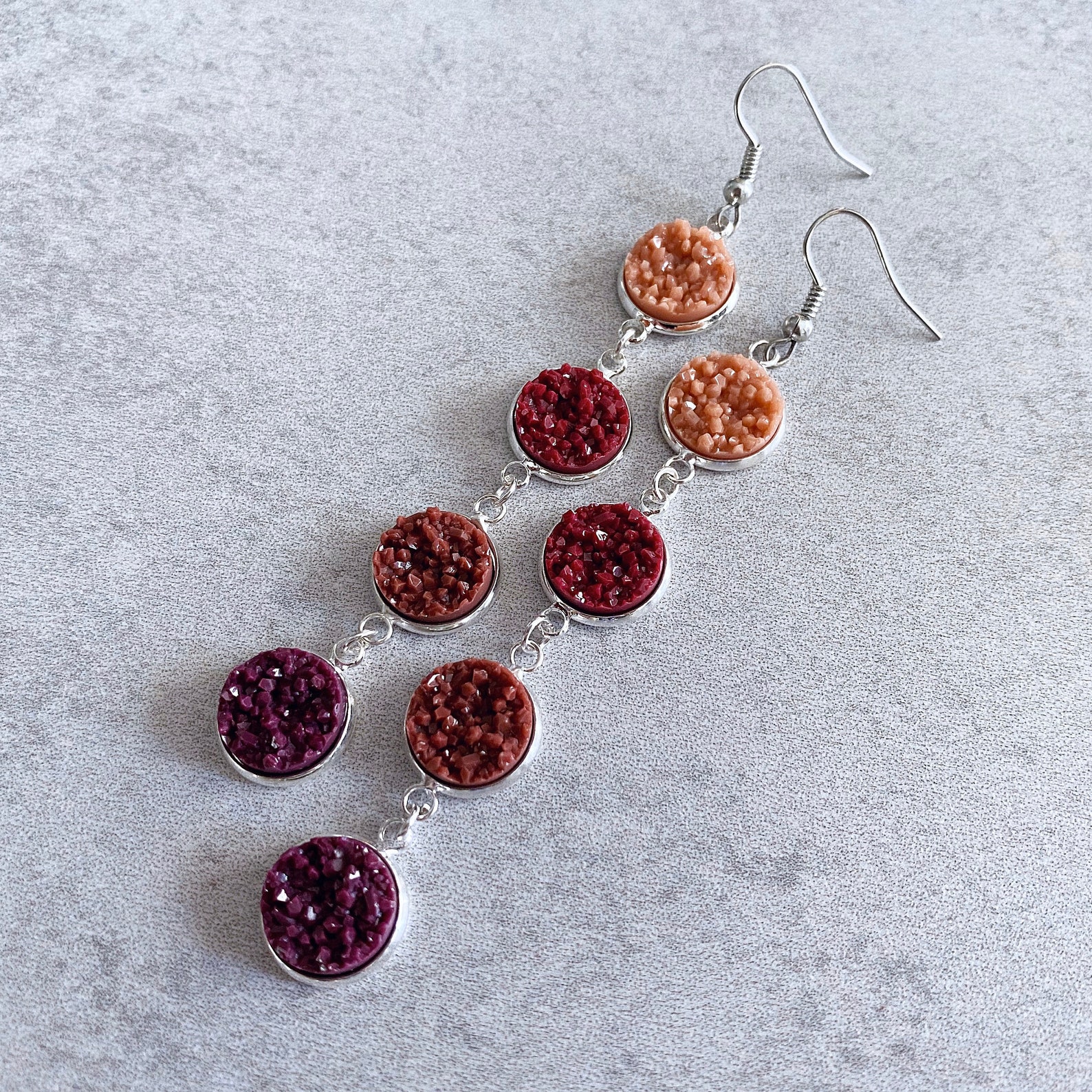 Deep Red Ombre Druzy Earrings Long Mauve Coral Burgundy | Etsy