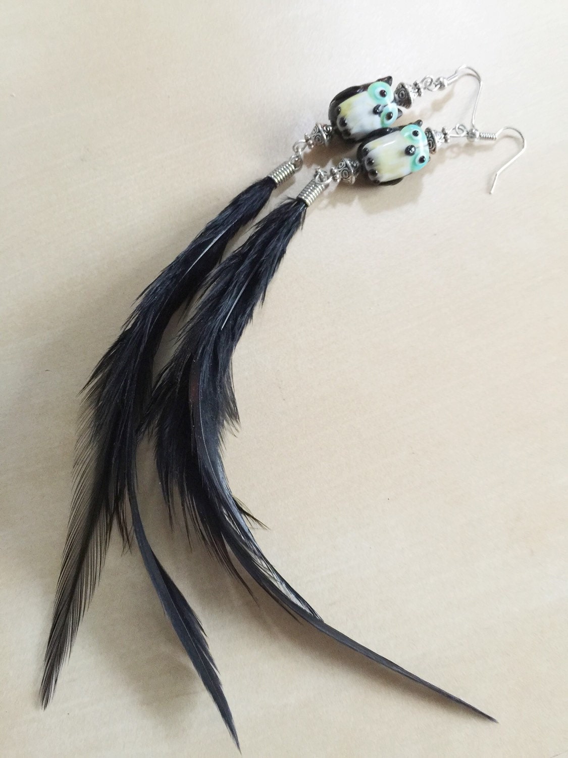 Glass Owl X Feather Earrings - Lampwork Glass Beads, Black/white/mint ...