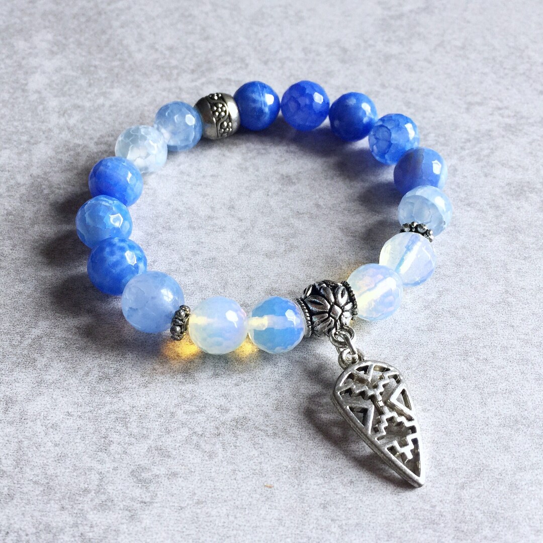 Arrowhead Opalite X Agate Beaded Bracelet - Stackable, Periwinkle Blue ...