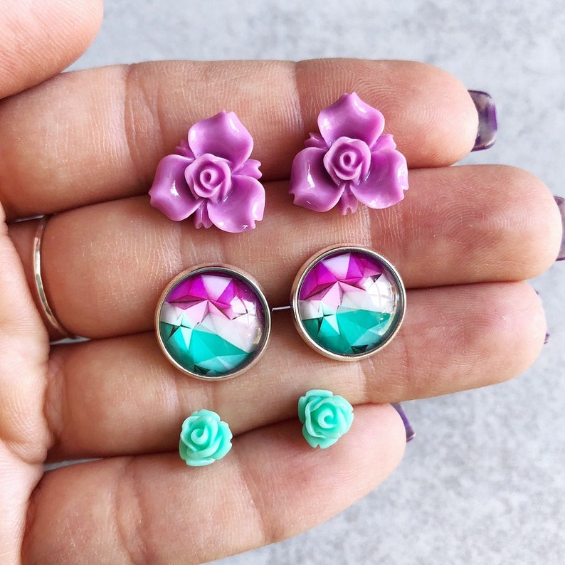 Abstract Gradient X Floral Earrings, Set of 3 - Silver Studs, Lilac ...