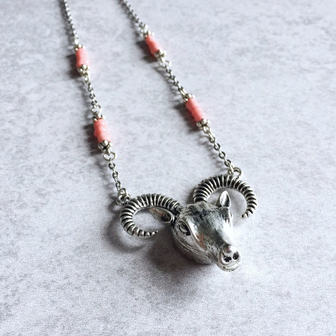 Coral Pink Beaded Ram Skull Necklace - Coral Turquoise Seed Beads ...