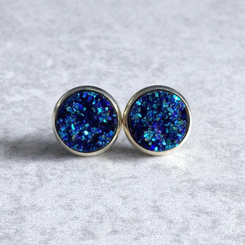 Blue Druzy Earrings Faux Quartz Geodes Silver Bezel Studs - Etsy