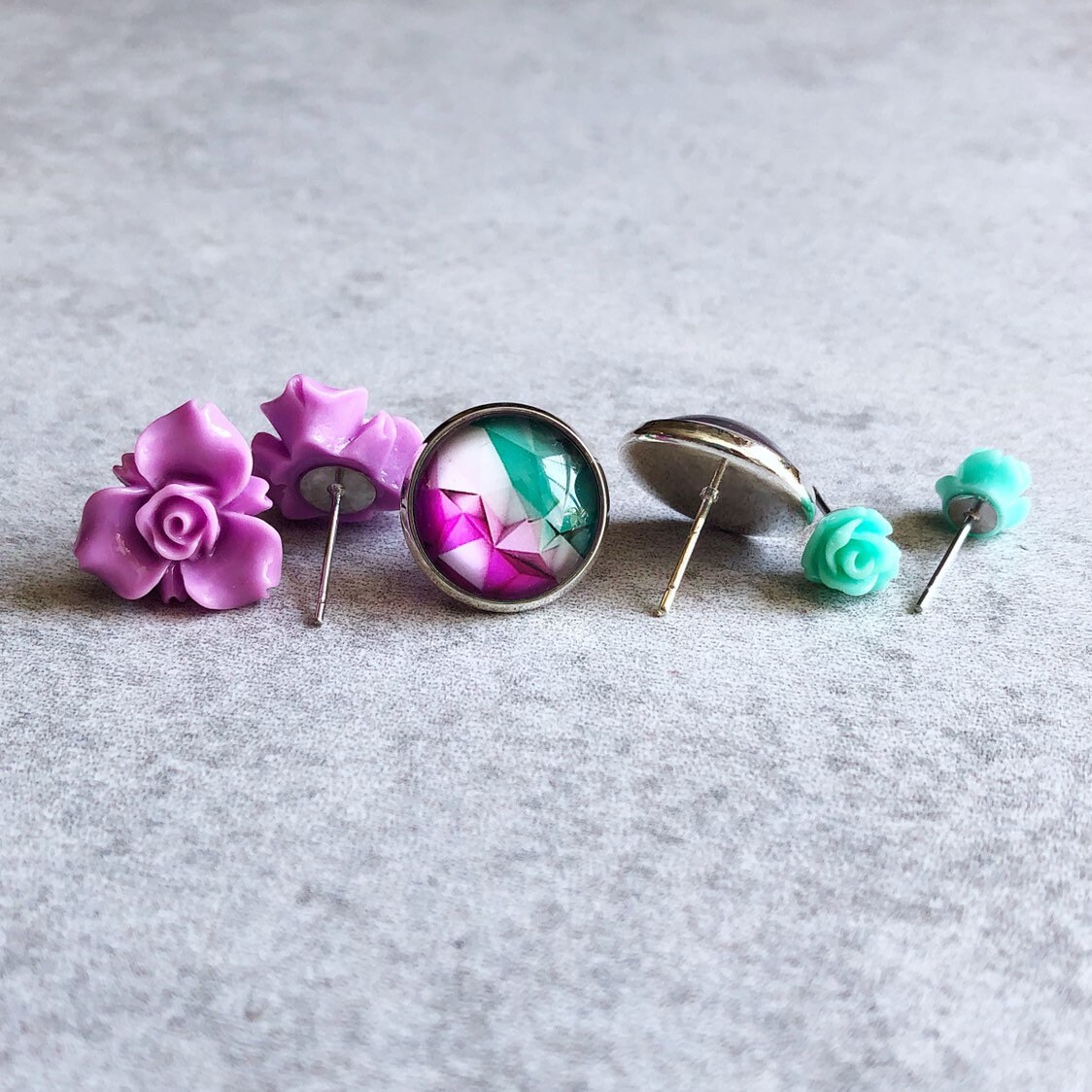 Abstract Gradient X Floral Earrings, Set of 3 - Silver Studs, Lilac ...