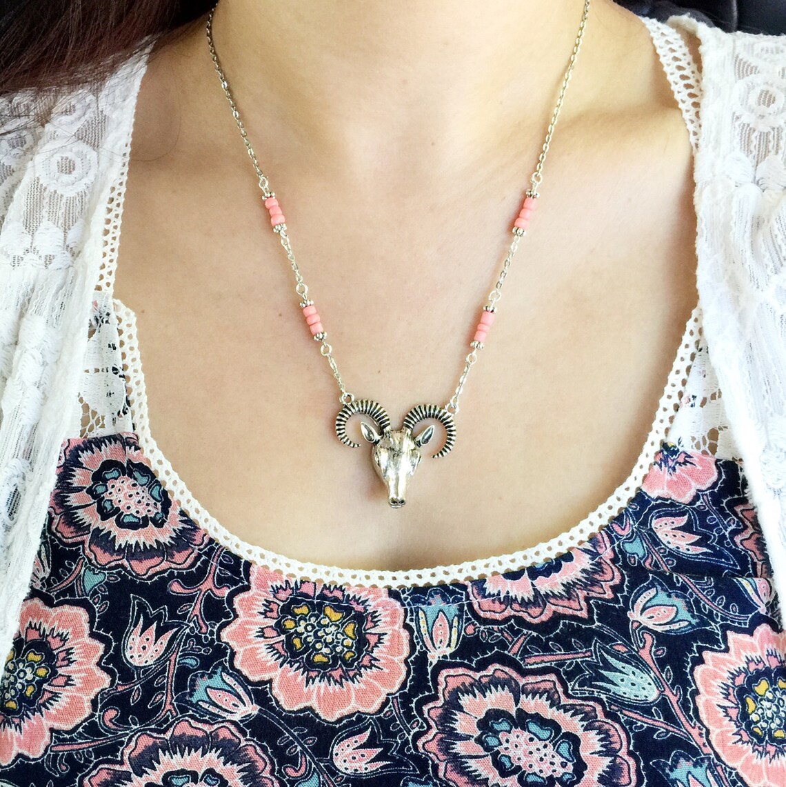 Coral Pink Beaded Ram Skull Necklace Coral Turquoise Seed - Etsy