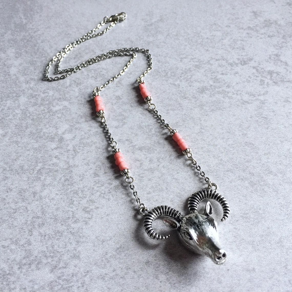 Coral Pink Beaded Ram Skull Necklace Coral Turquoise Seed | Etsy